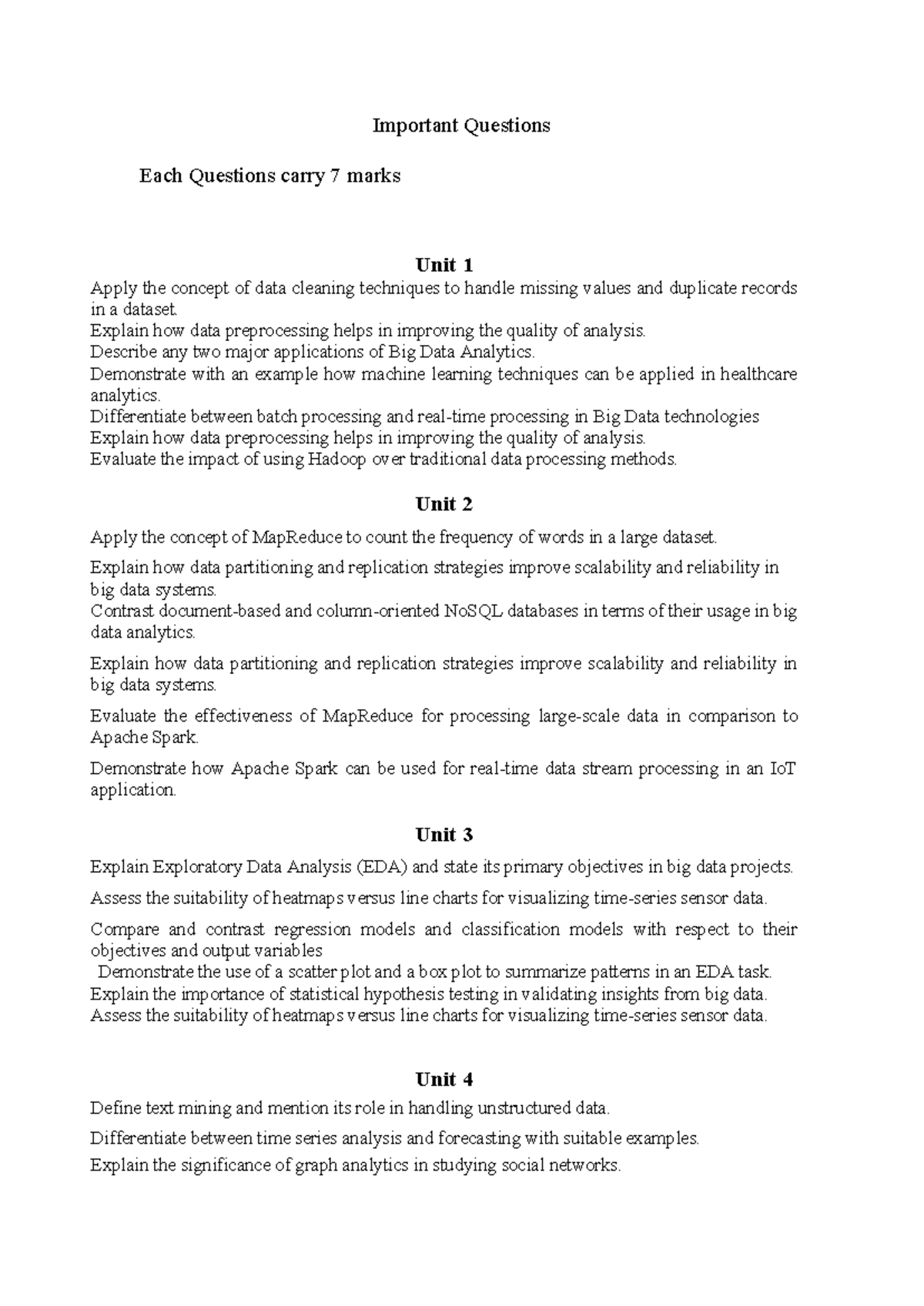 Important Questions for Big Data Analytics (Unit 1-4) - Studocu