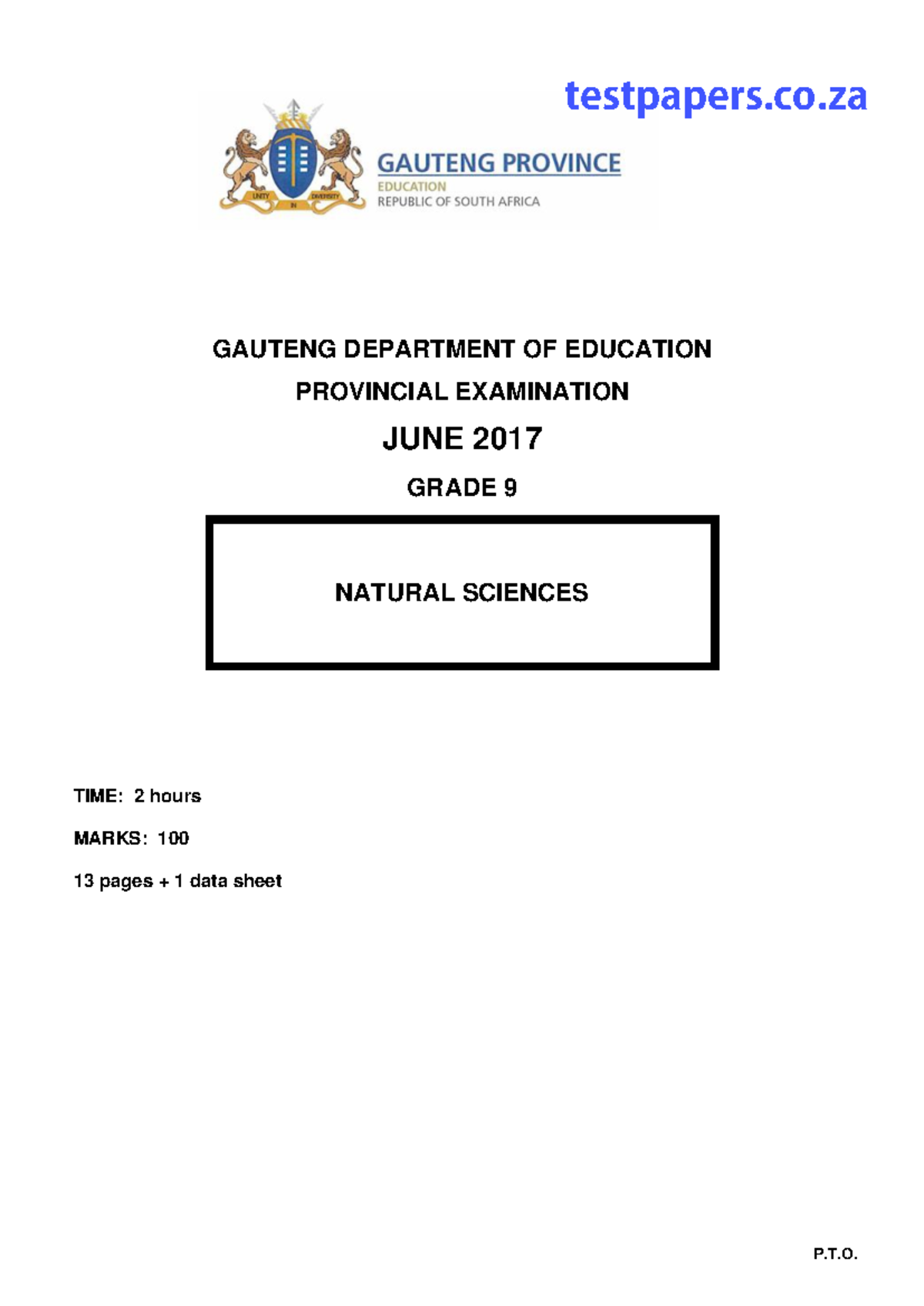 GR9 Nat Sci June 2017 Exam Paper with Q&A Sections - Studocu