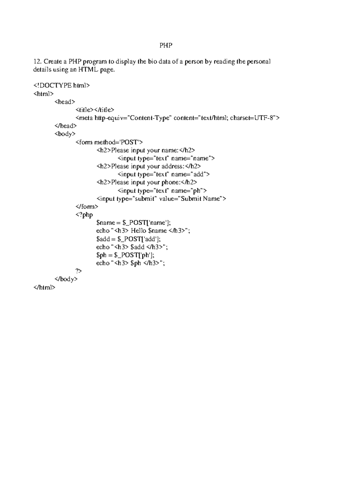 PHP Lab 2024 - Coding Exercises and Practical Programs for Labs - Studocu