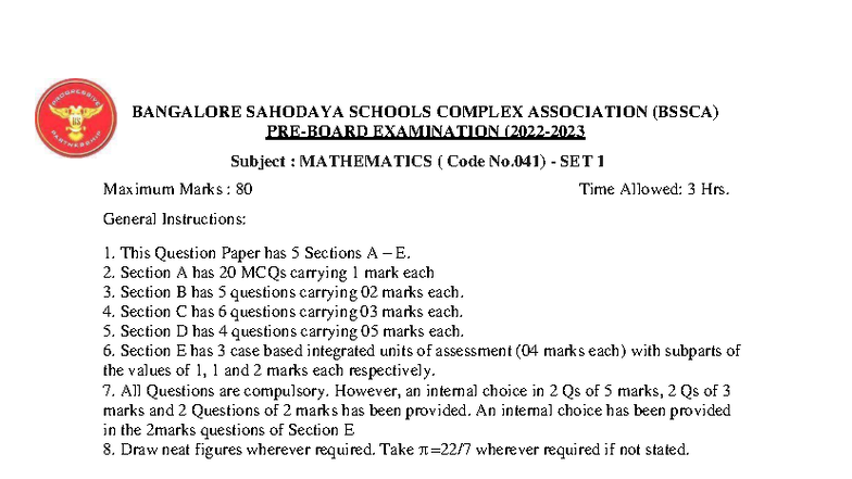 Class X Mathematics Exam Paper (Code No. 041) - SET 1 - Studocu