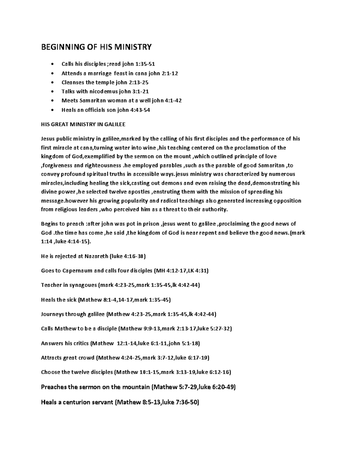 Beginning of His Ministry: Jesus' Early Teachings and Miracles - Studocu