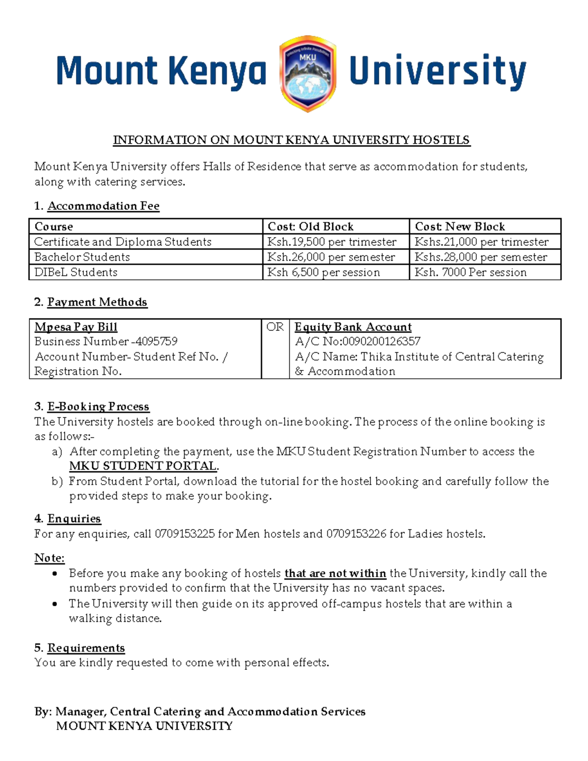 MKU Hostels Info: Accommodation Fees, Booking Process & Enquiries - Studocu