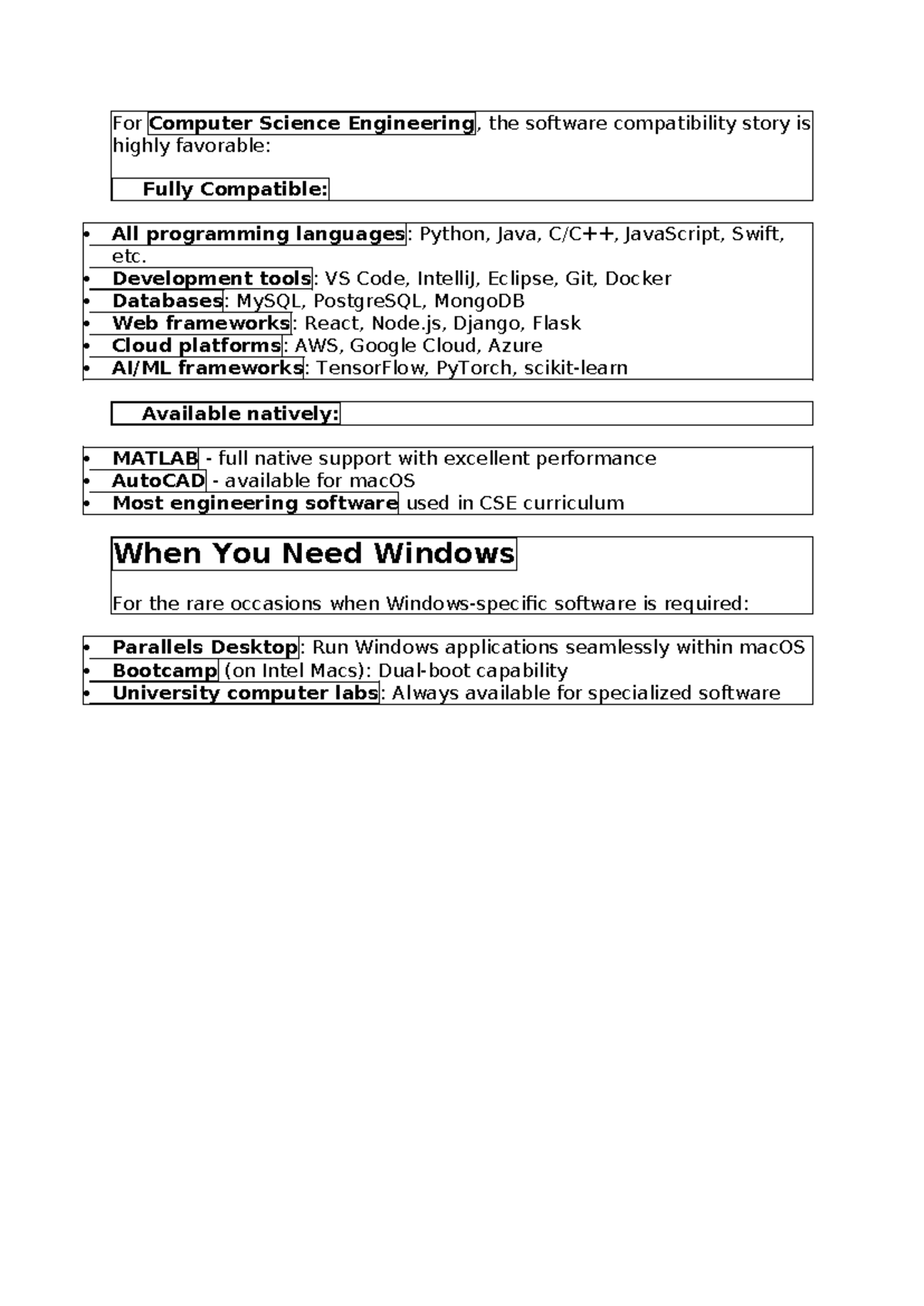 CSE Software Compatibility Overview: Mac Usage & Tools Summary - Studocu