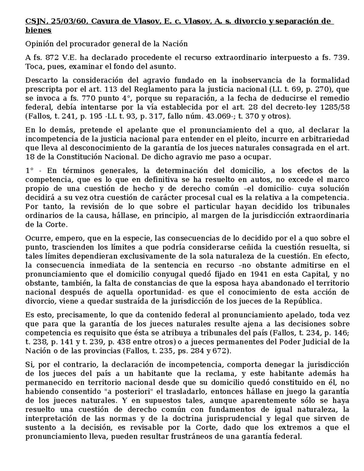 CSJN - Opinión sobre Divorcio y Separación de Bienes en el Caso Vlasov ...