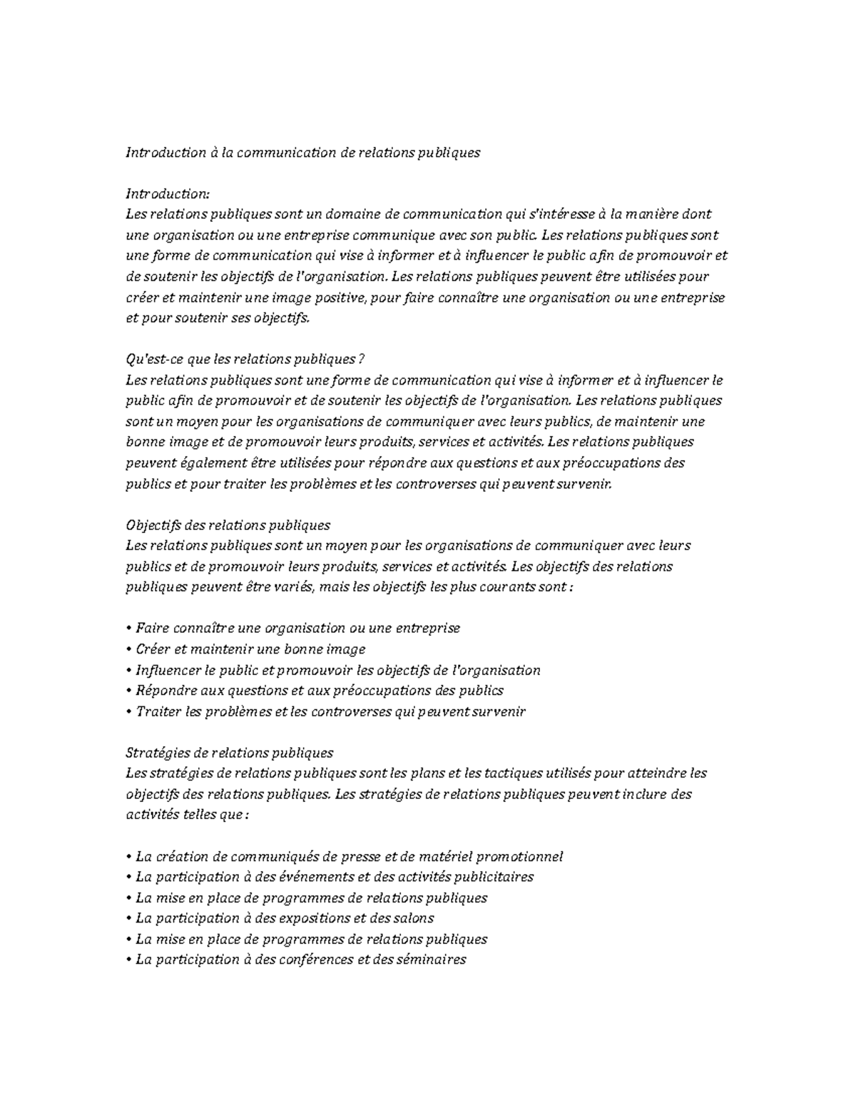 Public Relations note study - Introduction à la communication de ...