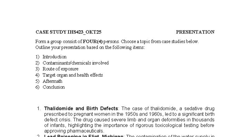 CASE STUDY IHS423: Toxicology Presentation Topics Overview - Studocu