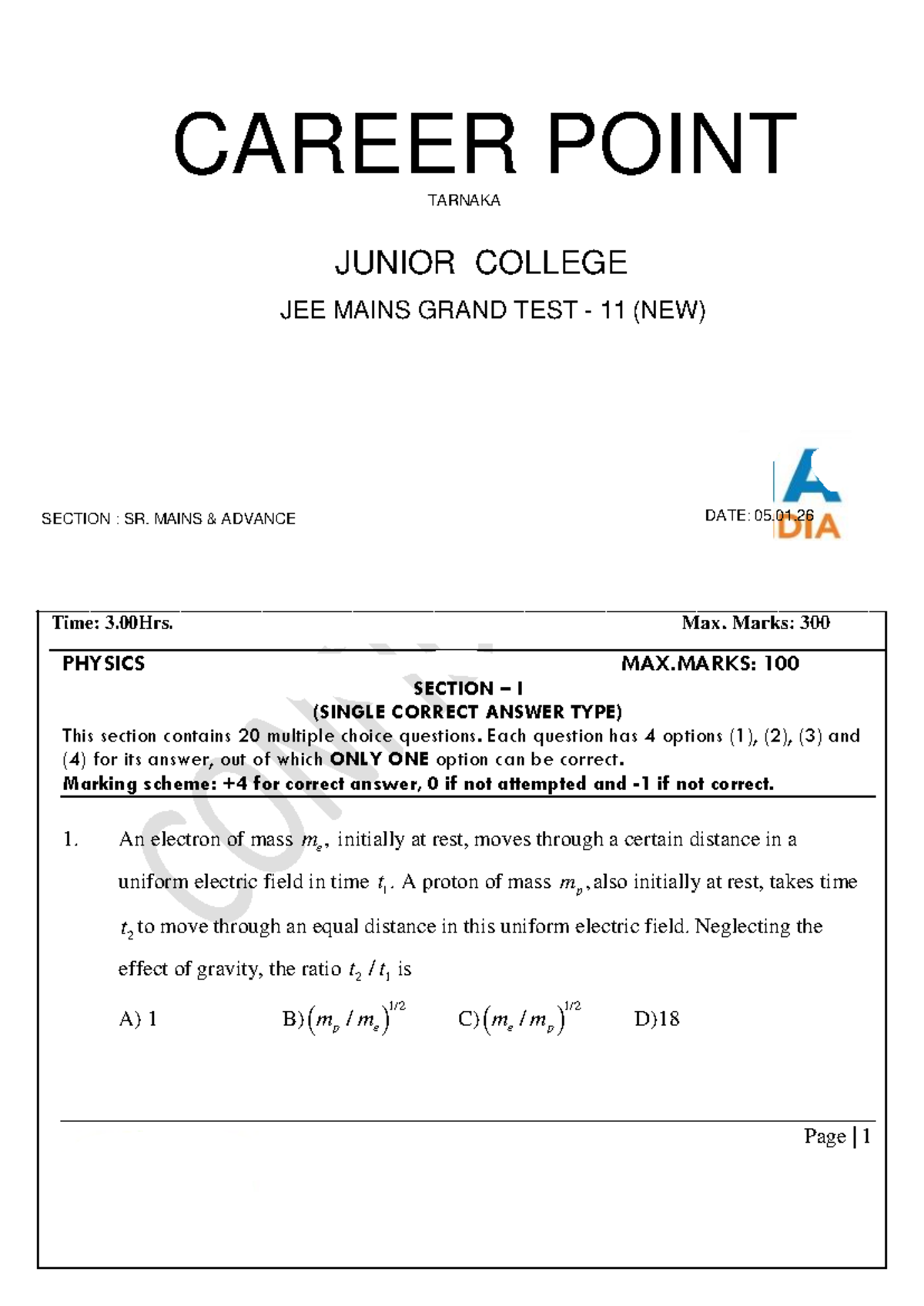 FN JEE MAINS GRAND TEST 11 (NEW) - Question Paper 05.01.26 - Studocu