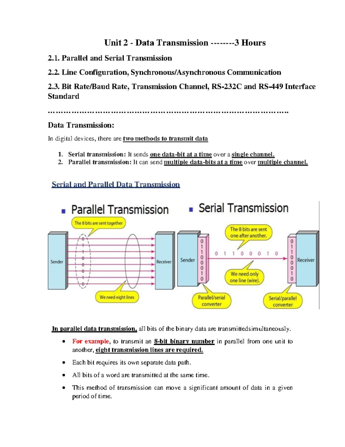 Unit-2-Data-communication - Unit 2 - Data Transmission -3 Hours 2. Parallel and Serial ...