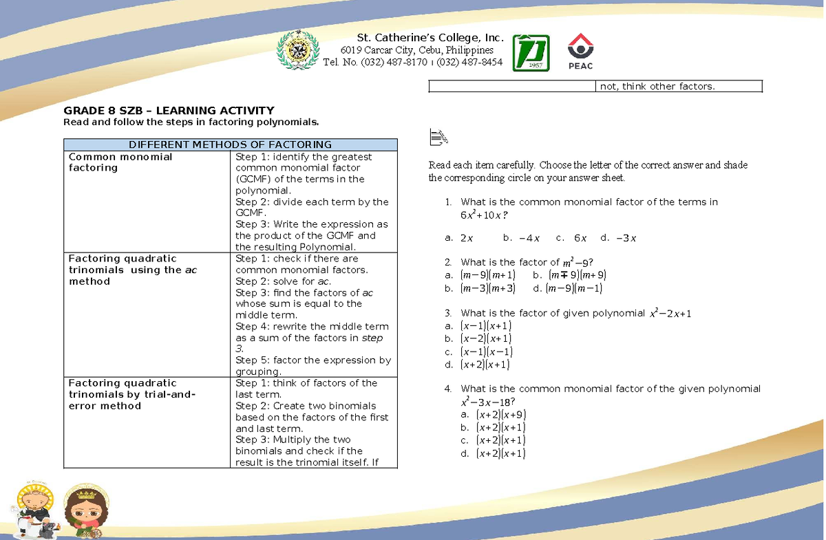 Grade 8 SZB Math: Factoring Polynomials Learning Activity - Studocu