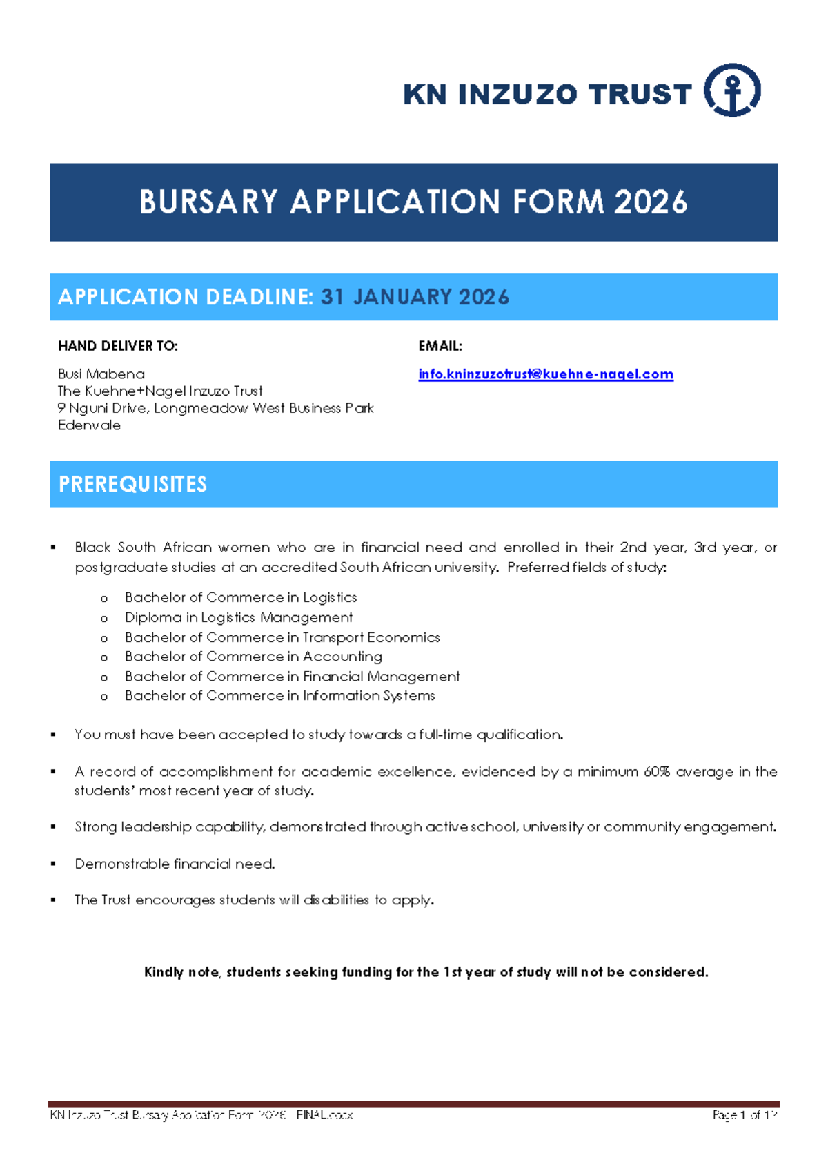 KN Inzuzo Trust Bursary Application Form 2026 - Important Details - Studocu