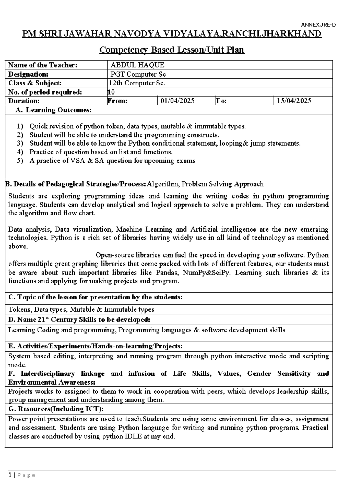Competency Based Lesson Plan for 12th Computer Science (2025-26) - Studocu