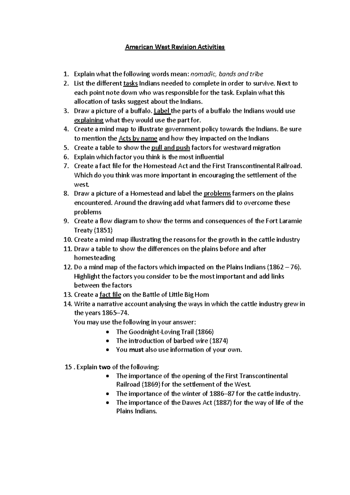 American West Revision Activities: Key Concepts & Tasks - Studocu