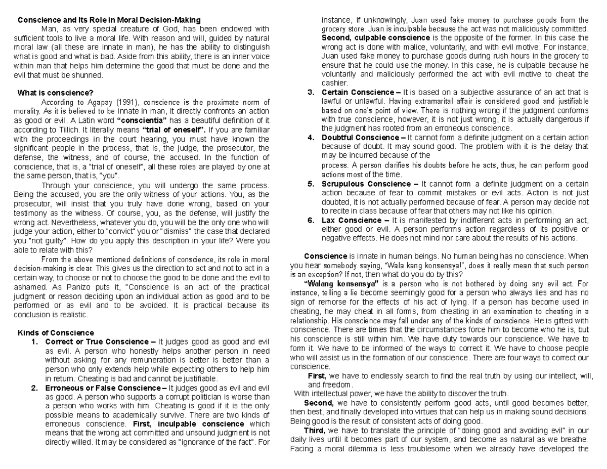 Moral Decision-Making: The Role of Conscience in Ethics (PHIL101) - Studocu
