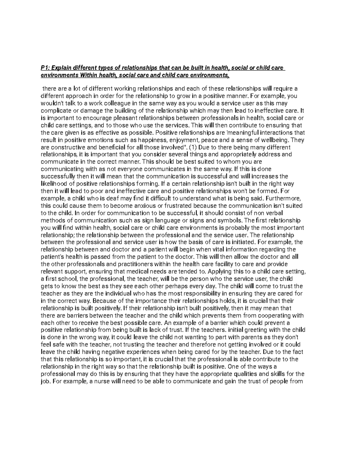 UNIT 1 Building Positive Relationships IN Health AND Social CARE - P1 ...