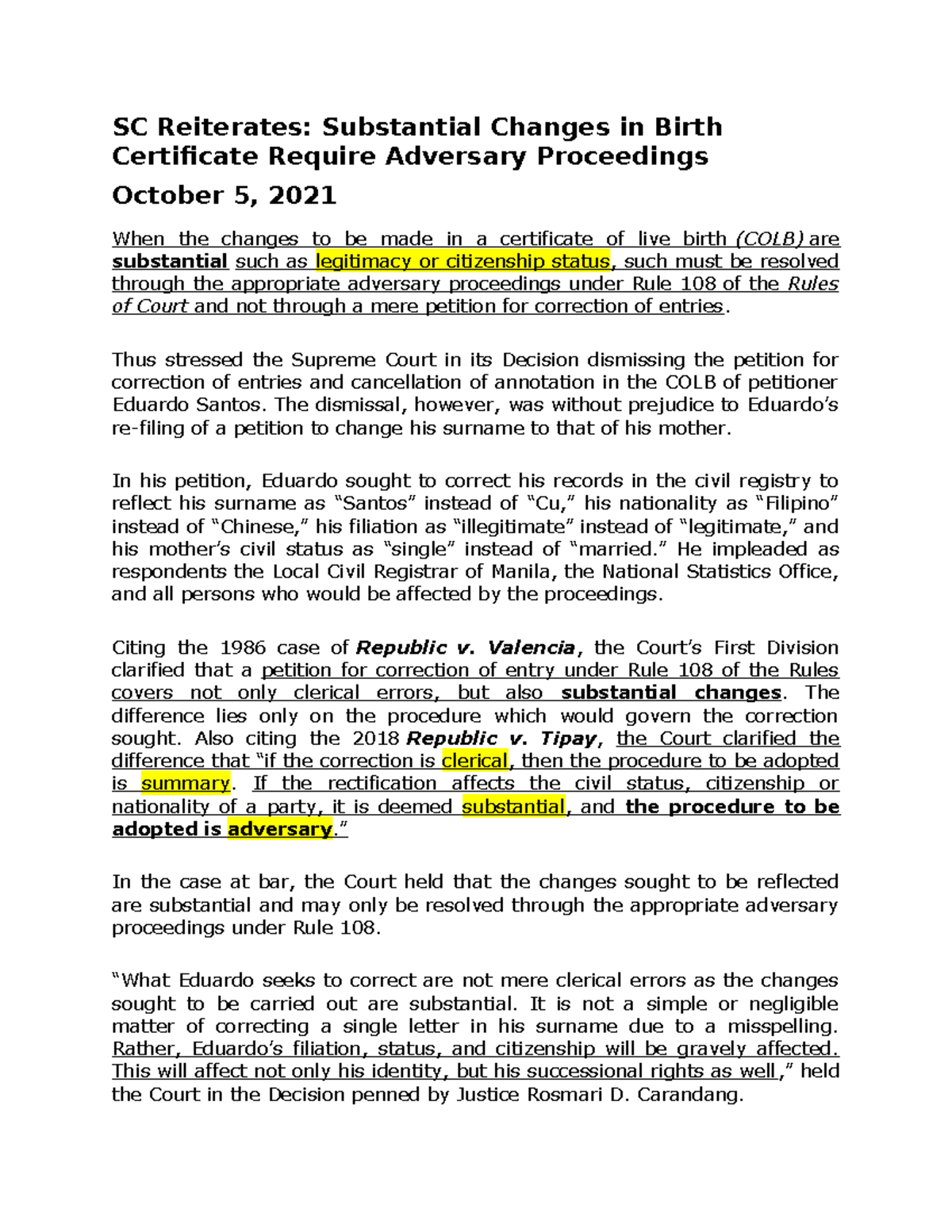 Scope of Rule 108 - Rules on Petition for Correction or Cancellation of ...