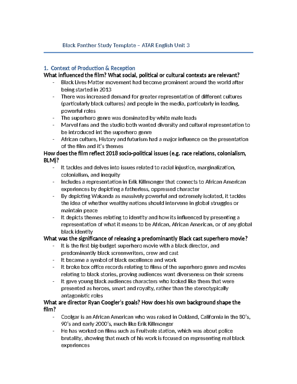 Black Panther Analysis Template ATAR English Unit 3: Context & Genre ...