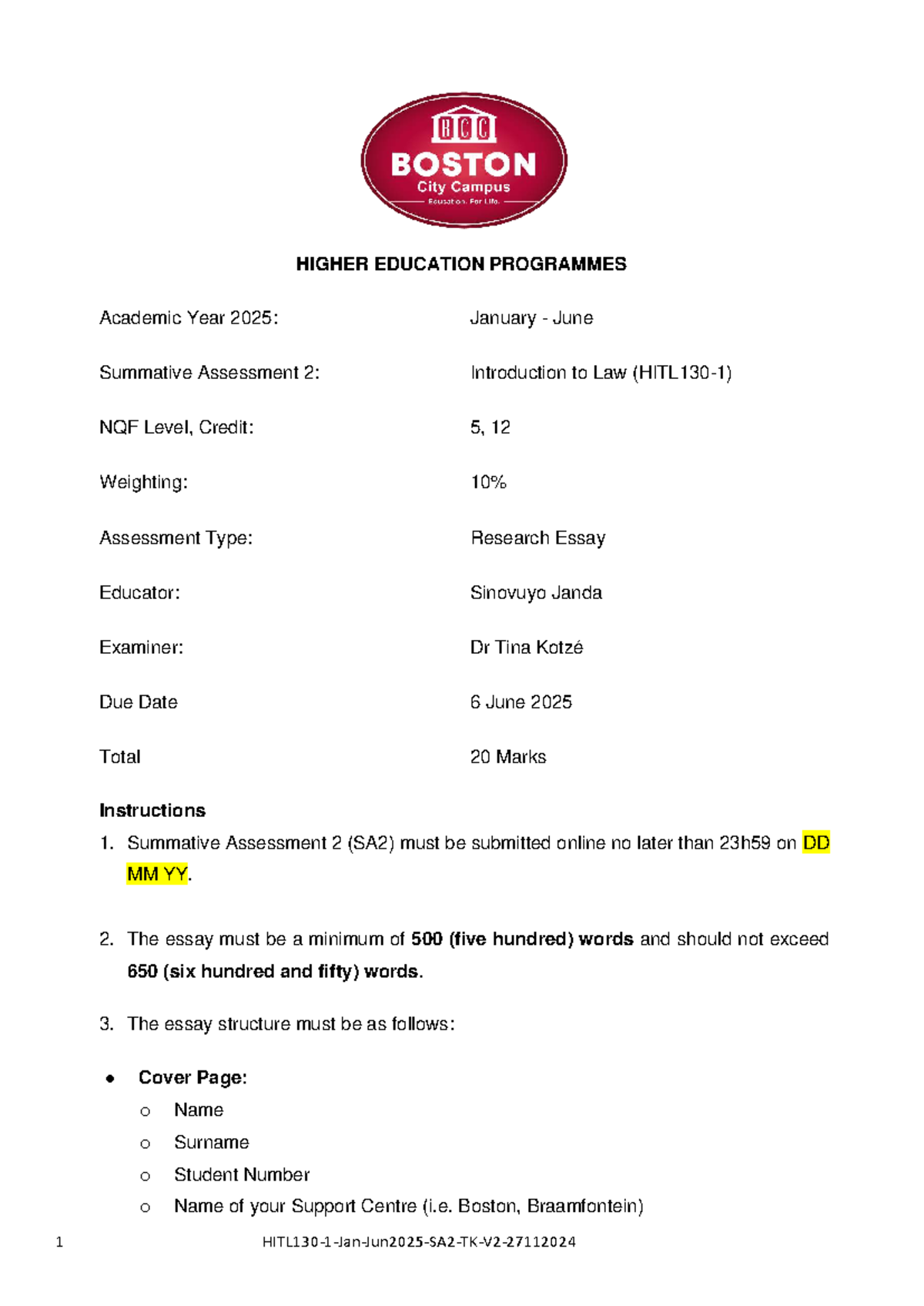 HITL130 Jan-Jun 2025 SA2: Research Essay on Introduction to Law - Studocu