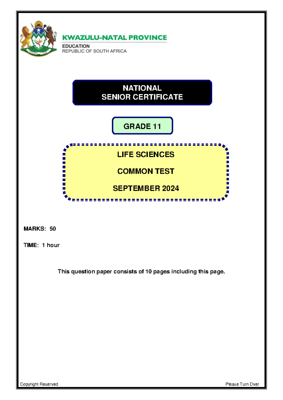 Grade 11 Life Sciences September 2024 Common Test Question Paper - Studocu