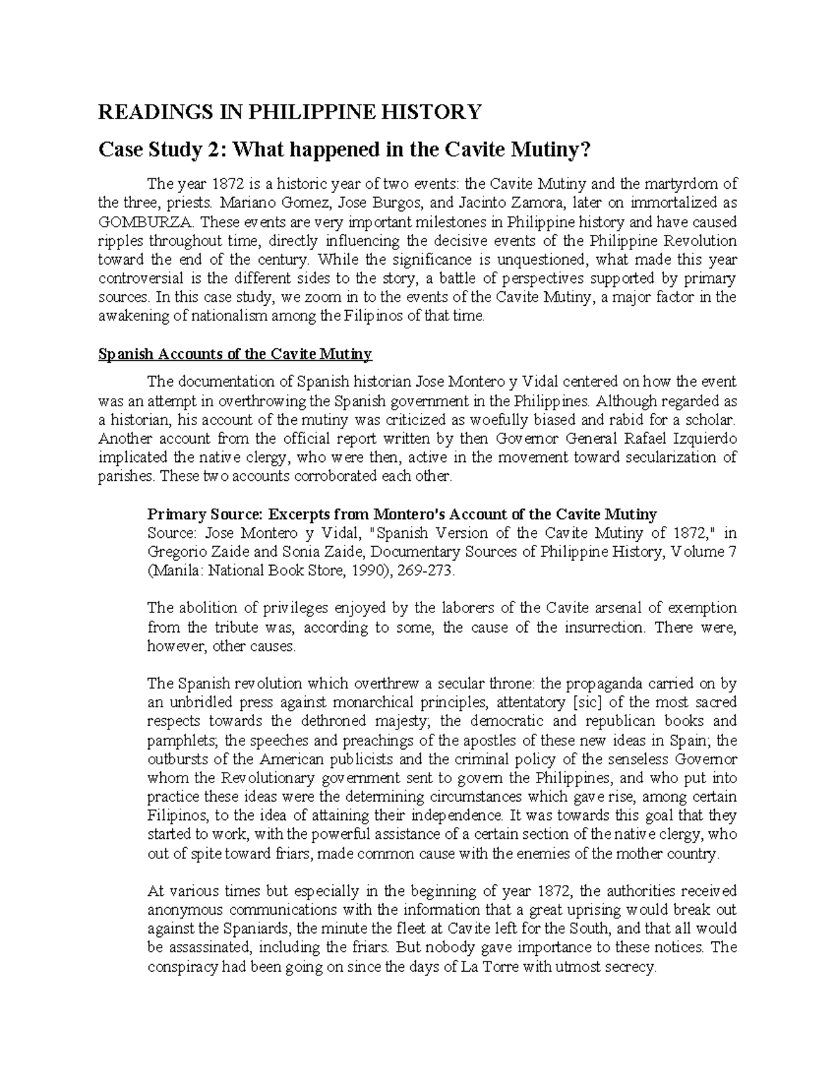 CASE Study 2: Analyzing Perspectives on the Cavite Mutiny of 1872 - Studocu