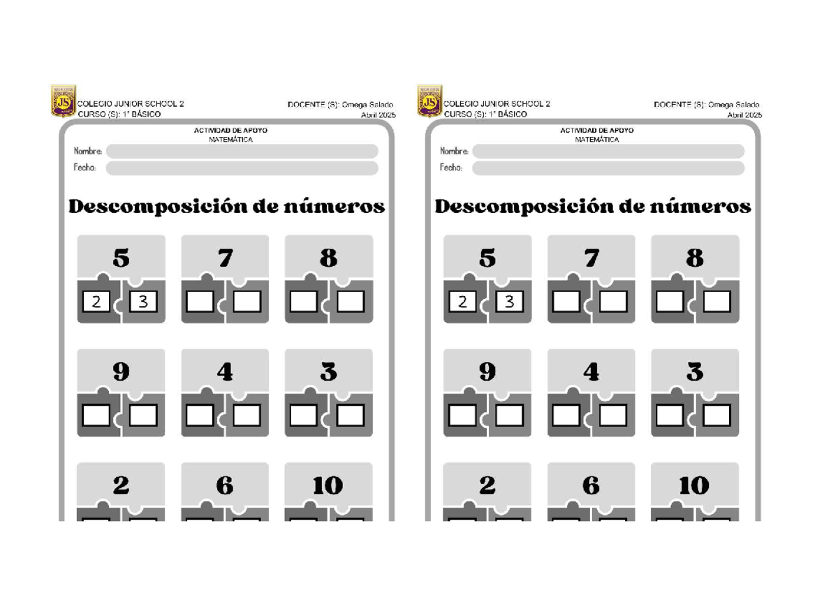 Actividad de Apoyo: Descomposición de Números hasta el 10 - 1° Básico ...