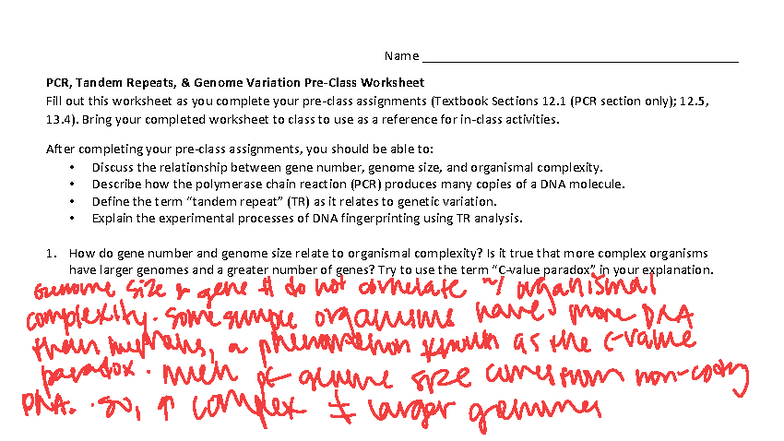 Week 9b Pre-Class Reading Guide: PCR, Tandem Repeats & Genome Variation ...