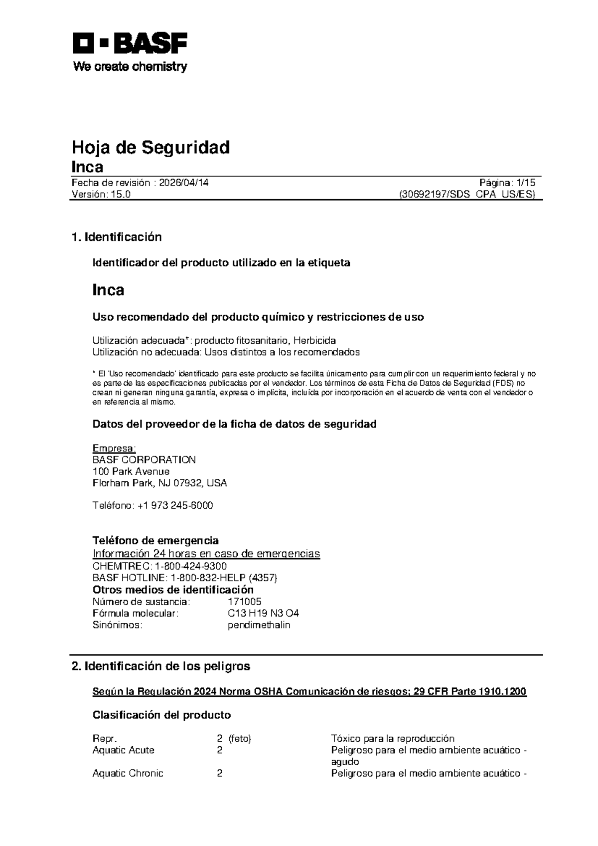 Hoja de Seguridad Inca (Versión 15.0) - Información y Peligros - Studocu