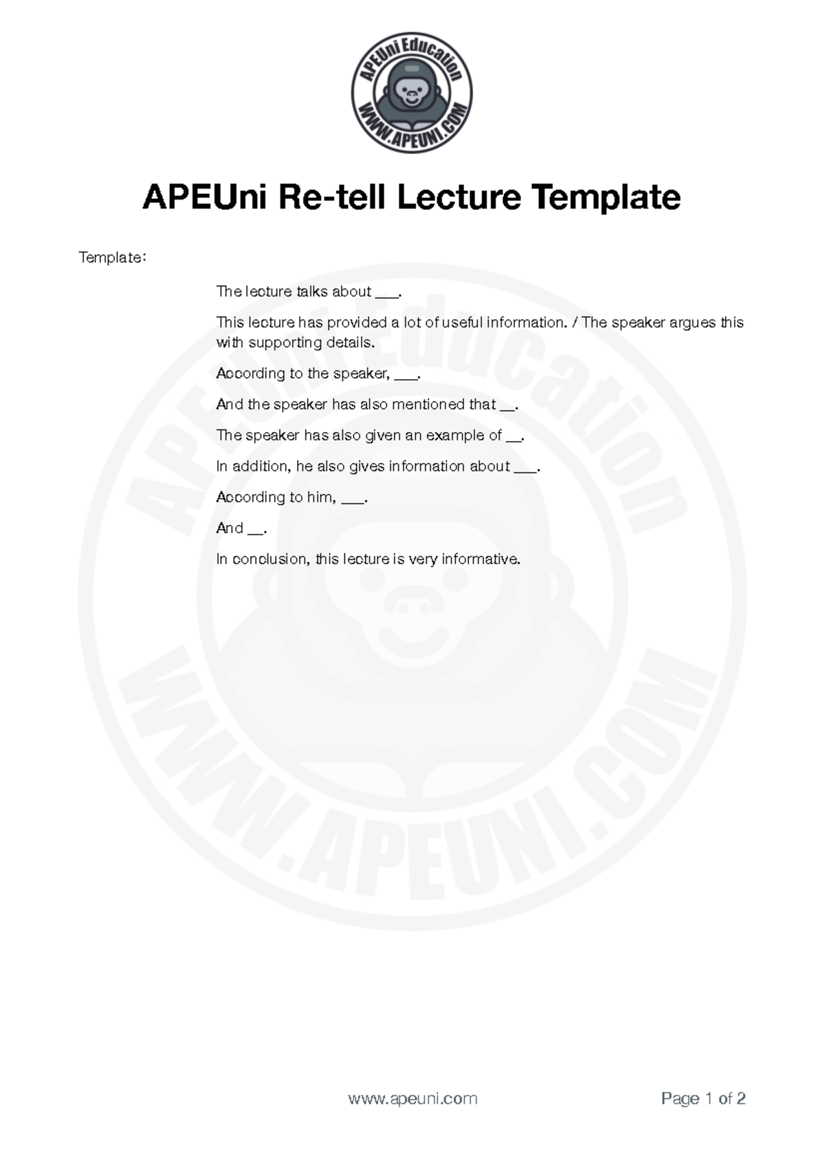 PTE Re-tell Lecture Notes: Template for Summarizing Lectures - Studocu