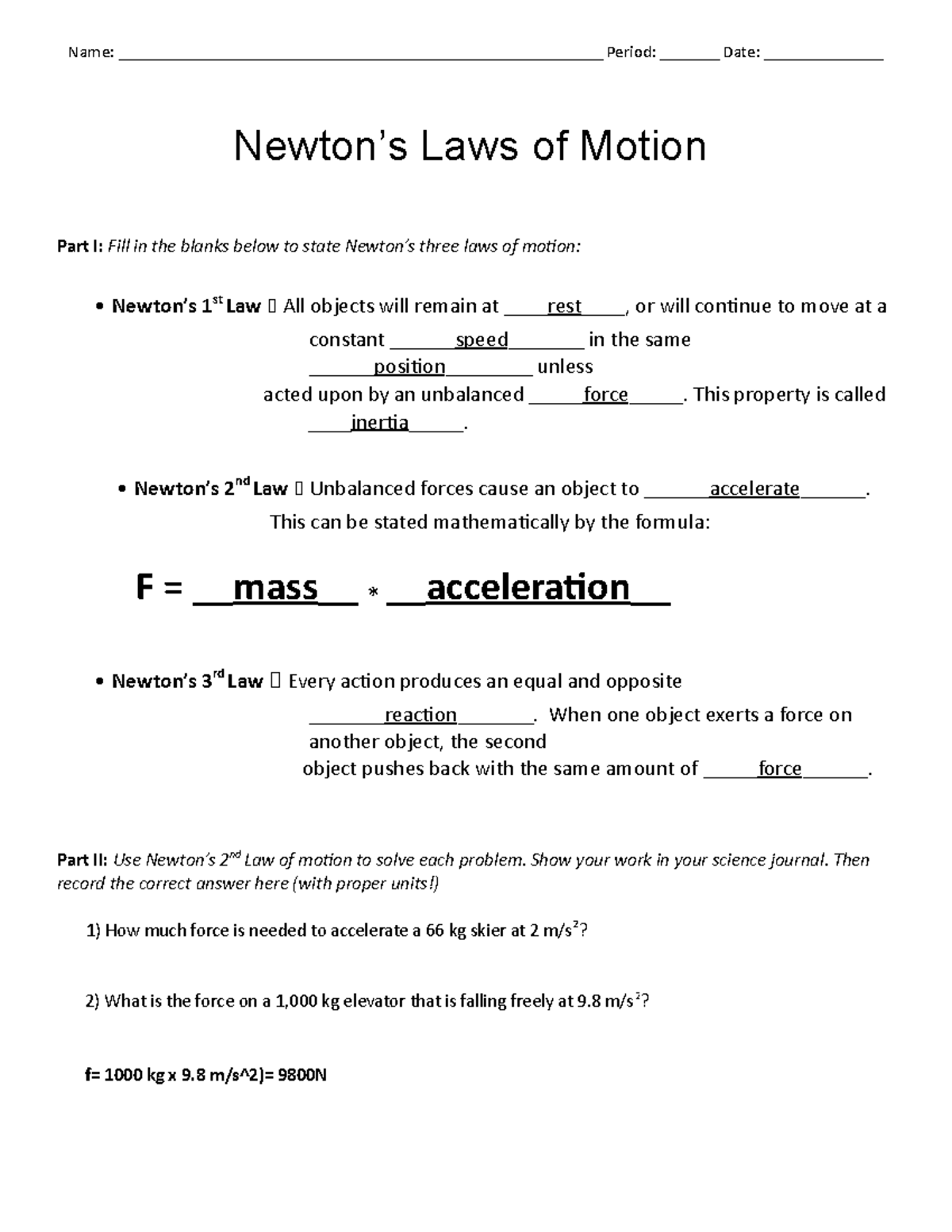 Newtons Laws practice worksheet - Name