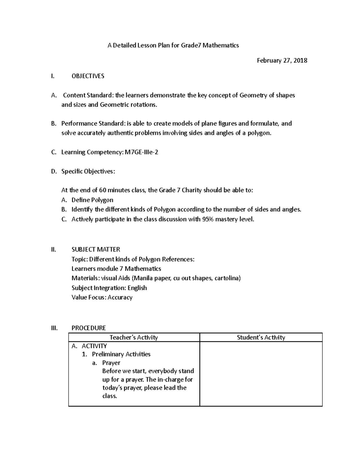 Grade-7 - lesson plan - Detailed Lesson Plan in Math (Grade 7) I ...
