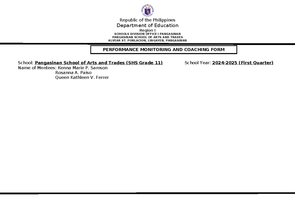 PMCF-2024-2025: Performance Monitoring & Coaching Form for SHS Grade 11 ...