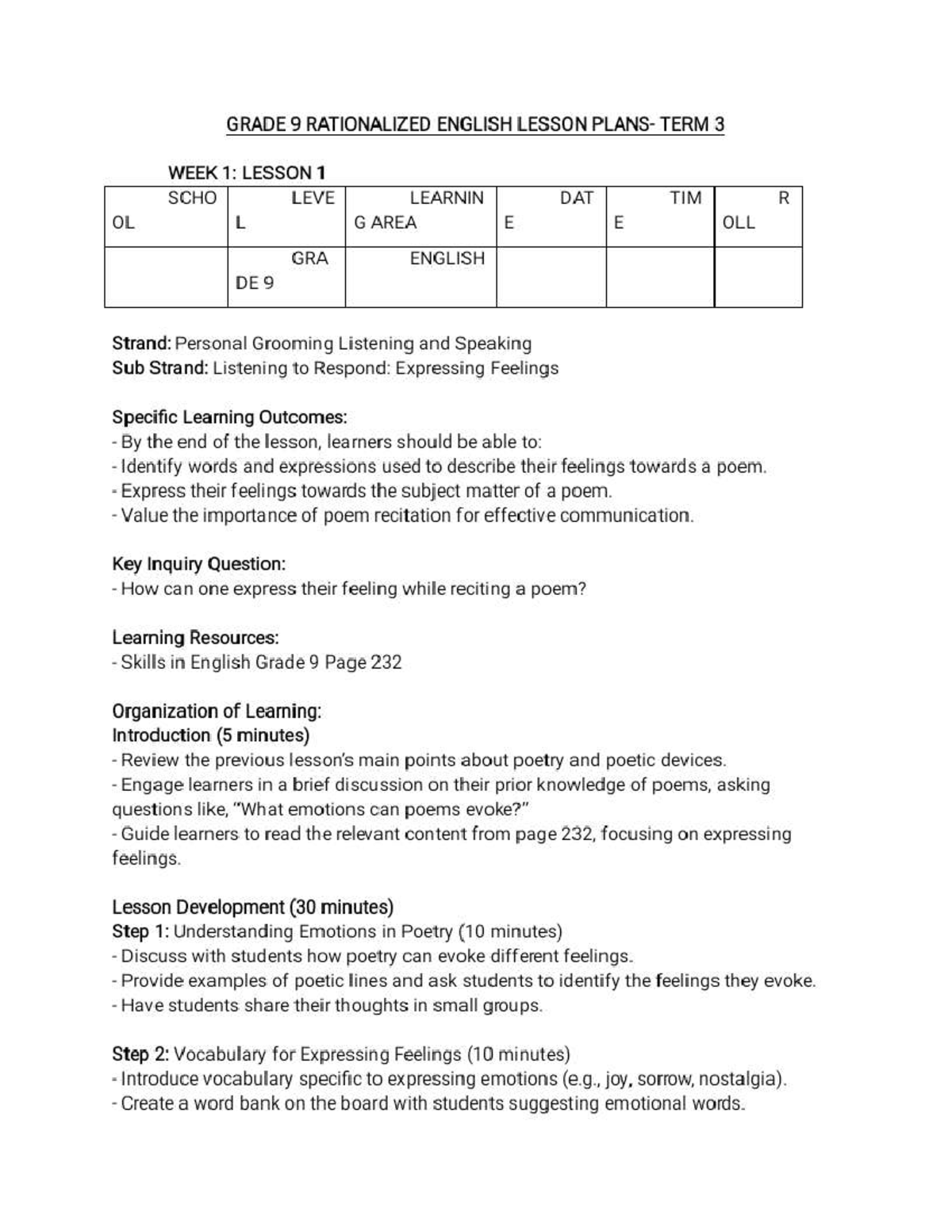 Grade 9 English Lesson Plan Term 3: Poetry & Emotions Exploration - Studocu