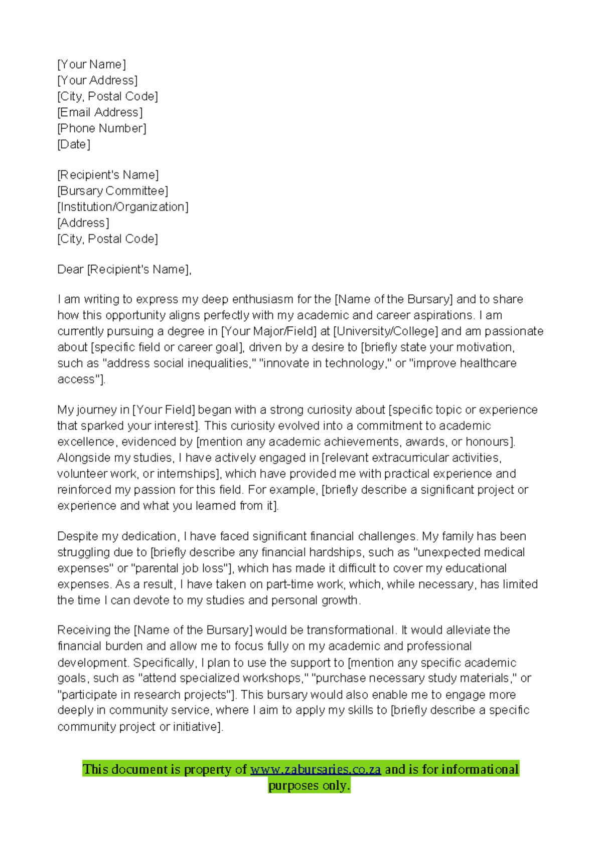 Bursary Application Motivational Letter for SABursaries - Studocu