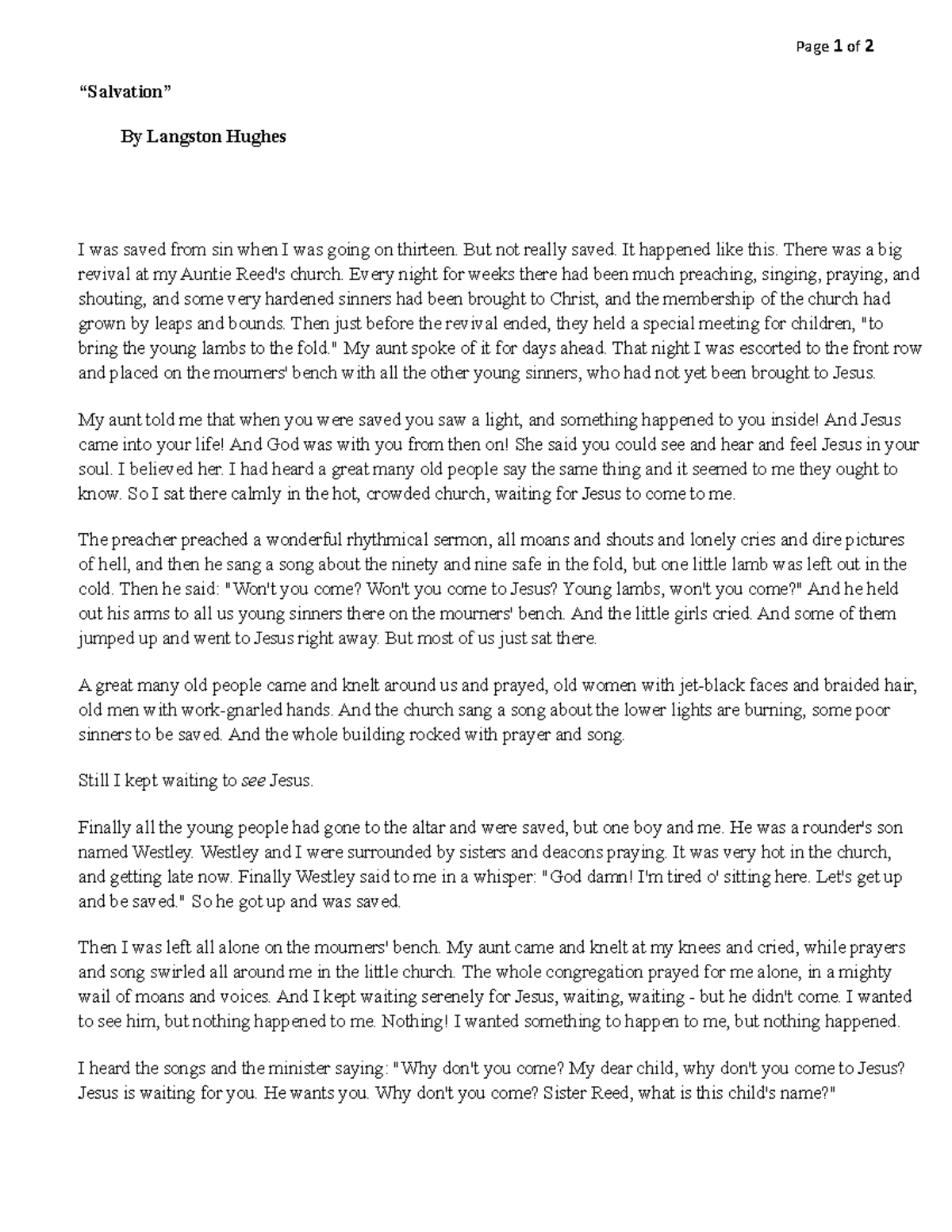 HUG 101: Essay Notes on "Salvation" by Langston Hughes - Studocu