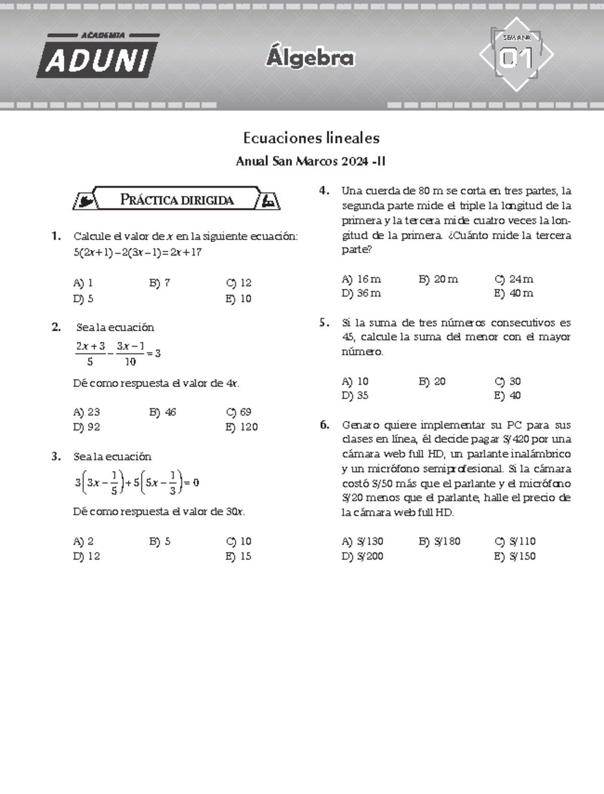 Aduni 2024 II Álgebra Completo Prácticas Dirigidas - Studocu