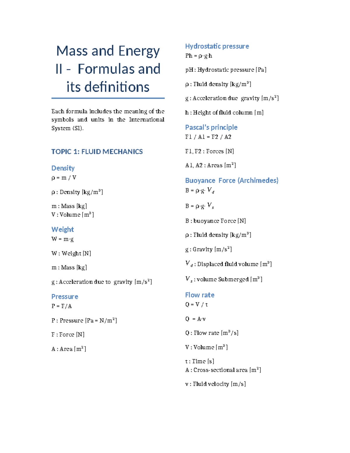 Mass and Energy II: Formulas and Definitions for Fluid Mechanics, Waves ...
