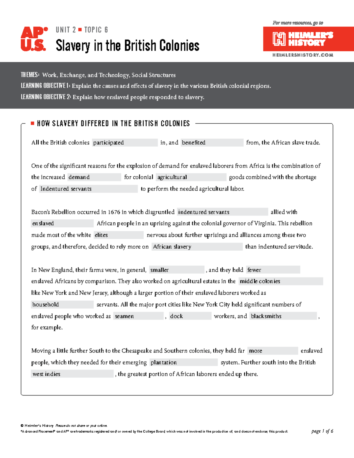 AP US History Unit 2 Topic 6: Slavery in the British Colonies ...