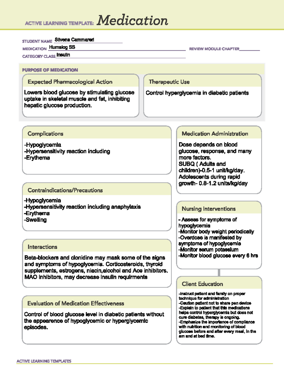 ACTIVE LEARNING TEMPLATE: Humalog SS Med Card for Insulin Management ...