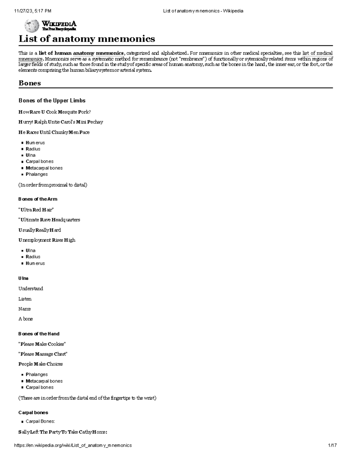Anatomy Mnemonics Collection for Easy Recall - Studocu