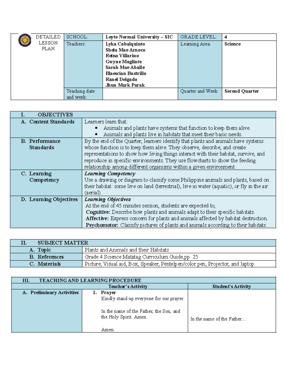 Detailed Lesson Plan: Science 4 - Plants and Animals in Their Habitats ...