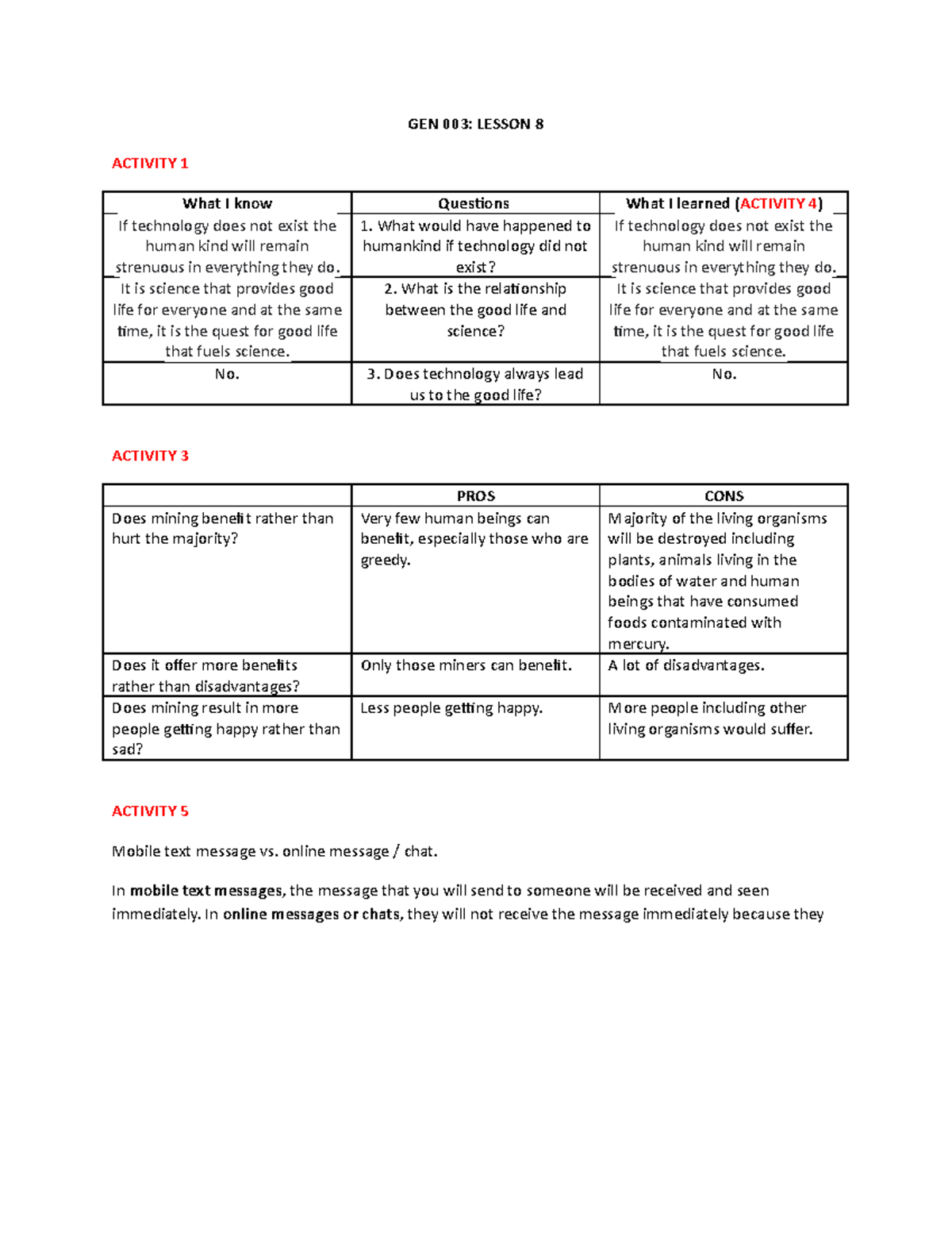 GEN 003 - Lesson 8 - GEN 003: LESSON 8 ACTIVITY 1 What I know Questions ...