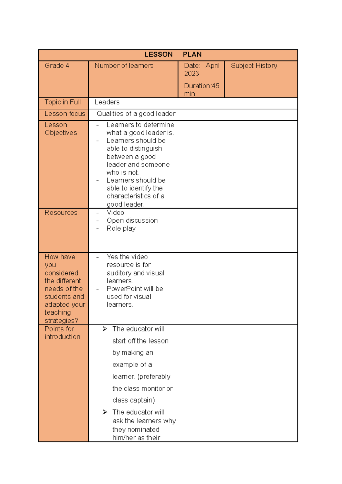 HIST 4: Qualities of a Good Leader - Lesson Plan for Grade 4 - Studocu