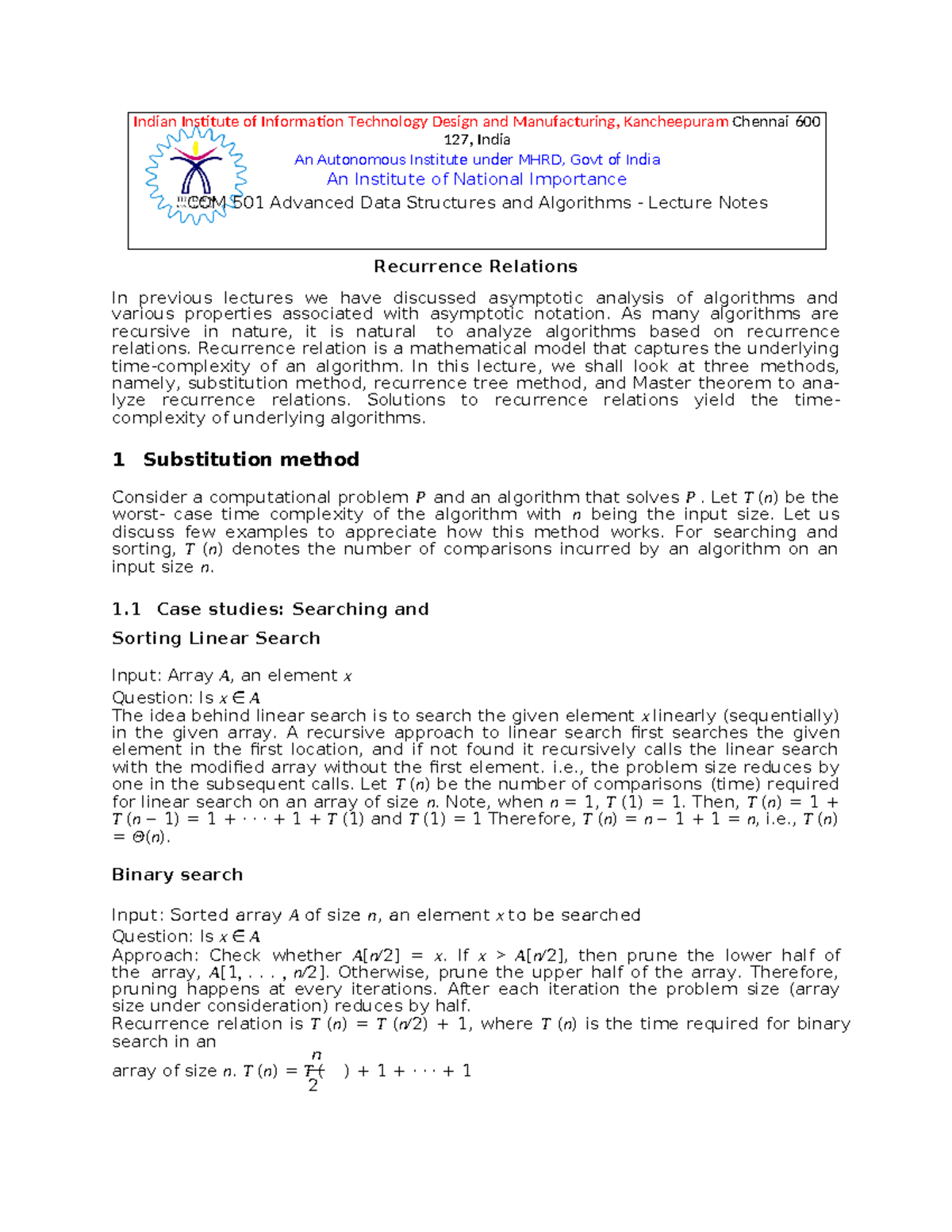 COM 501 Recurrence Relations Lecture Notes: Methods & Analysis - Studocu