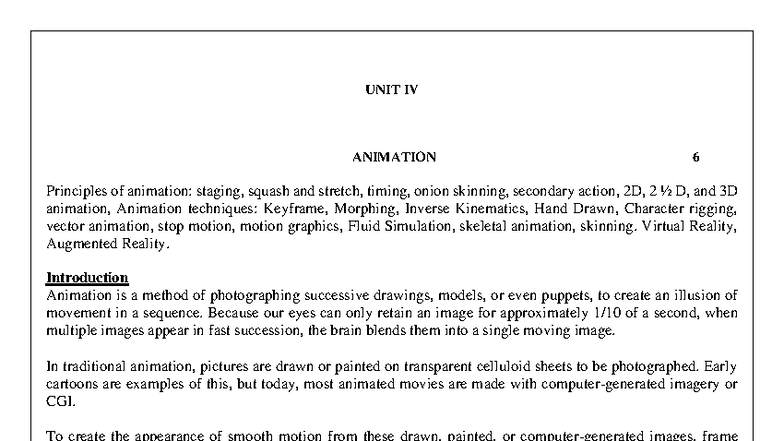 Ccs352 Unit IV Animation Principles and Techniques Lecture Notes - Studocu