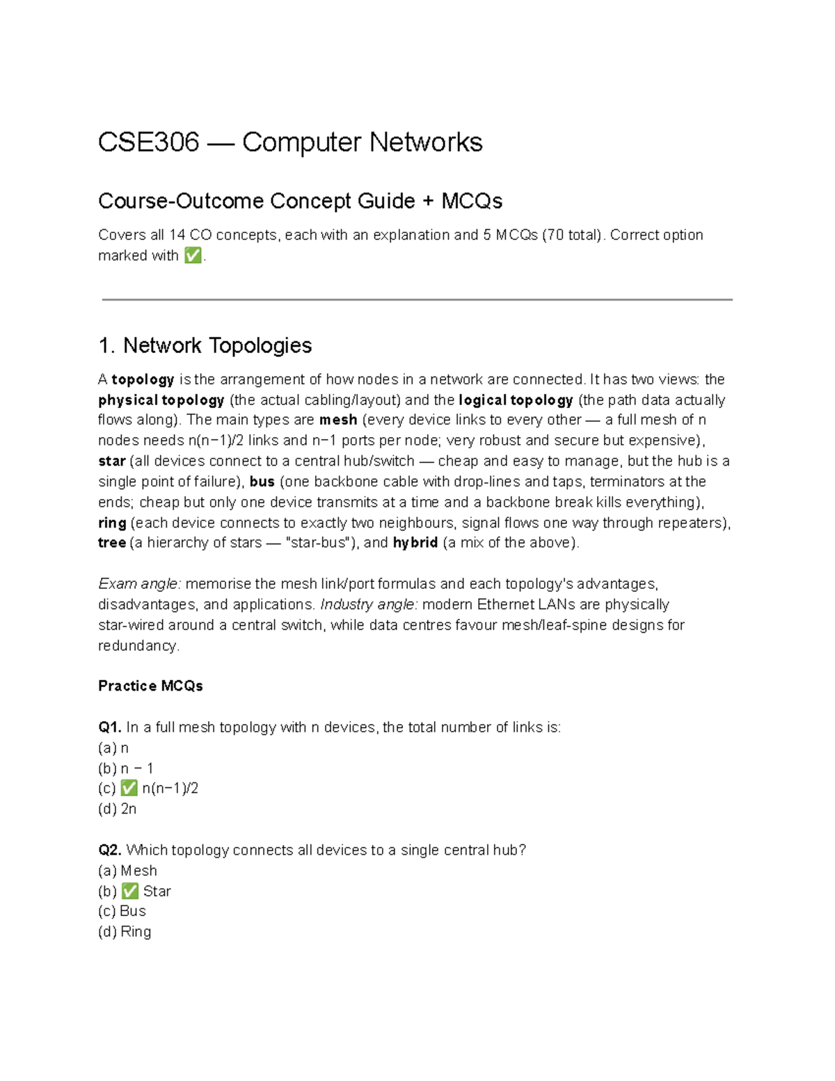 CSE306 Computer Networks MCQs: Comprehensive Concept Review - Studocu