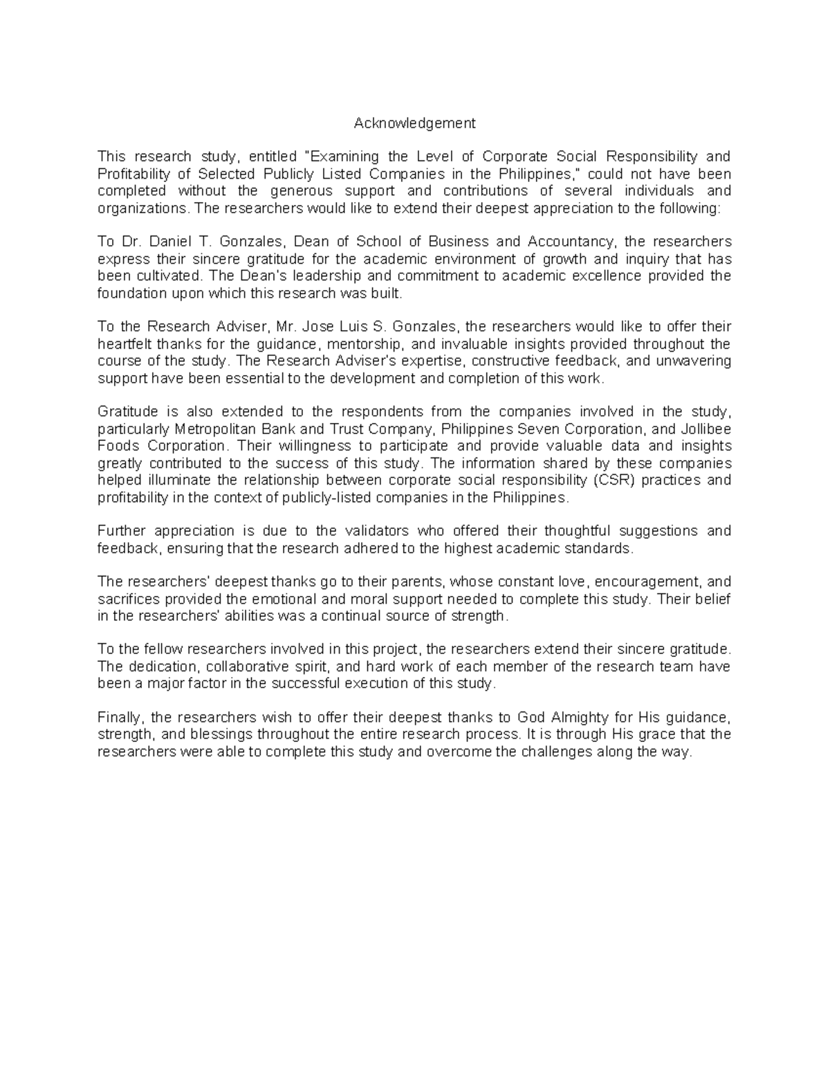 Acknowledgement - Acknowledgement This research study, entitled ...