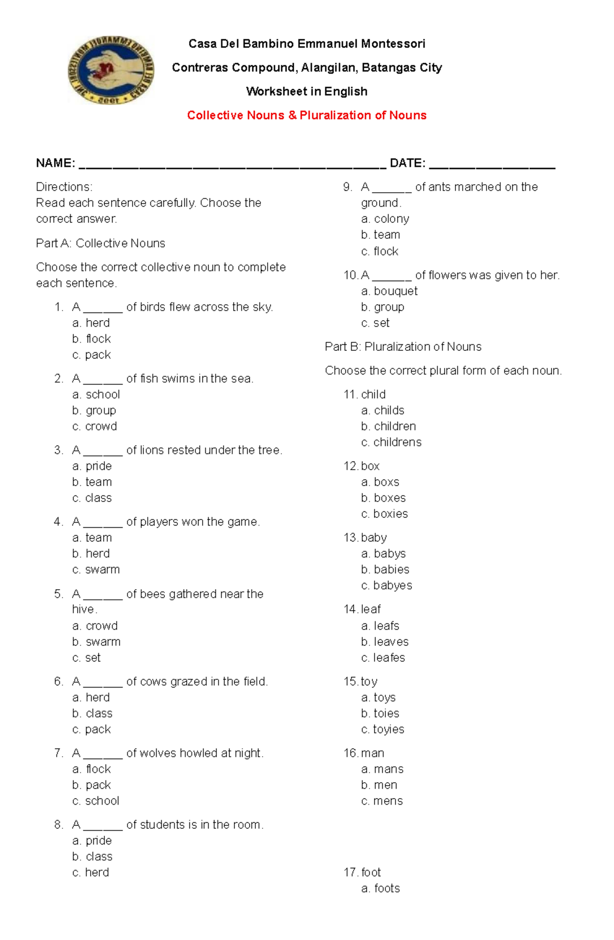 ENG - DAY 3 - Worksheet on Collective Nouns & Pluralization - Studocu