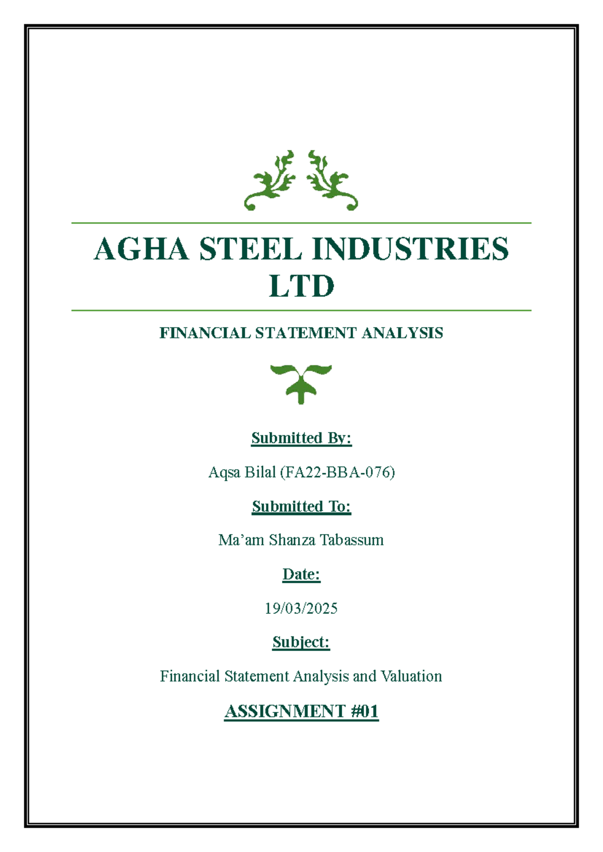 AGHA Steel Industries Ltd Financial Statement Analysis (ASS 1) - Studocu