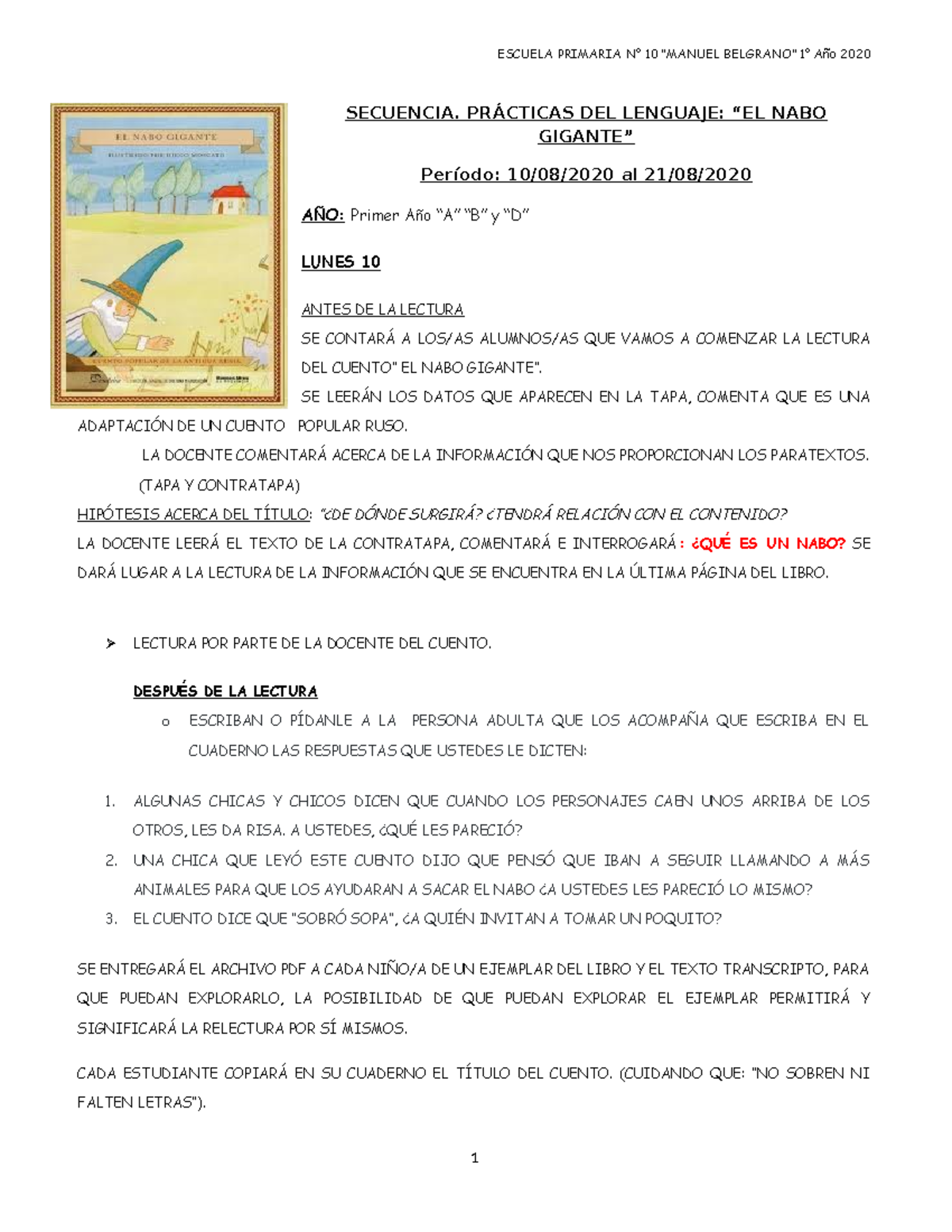 PLG - 1° - Actividades y Lectura del Cuento "El Nabo Gigante" - Studocu