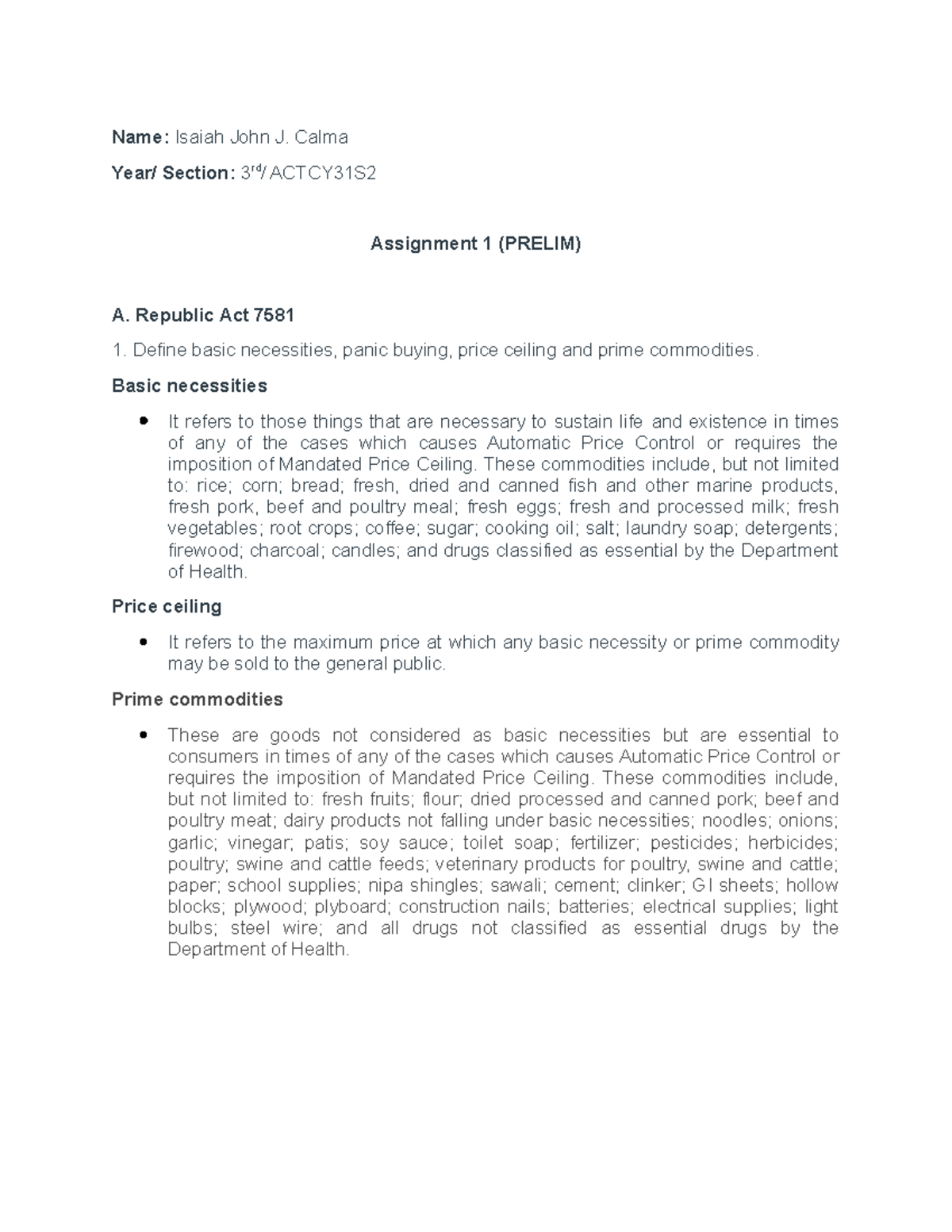 Republic Act 7581: Definitions and Illegal Acts of Price Control - Studocu