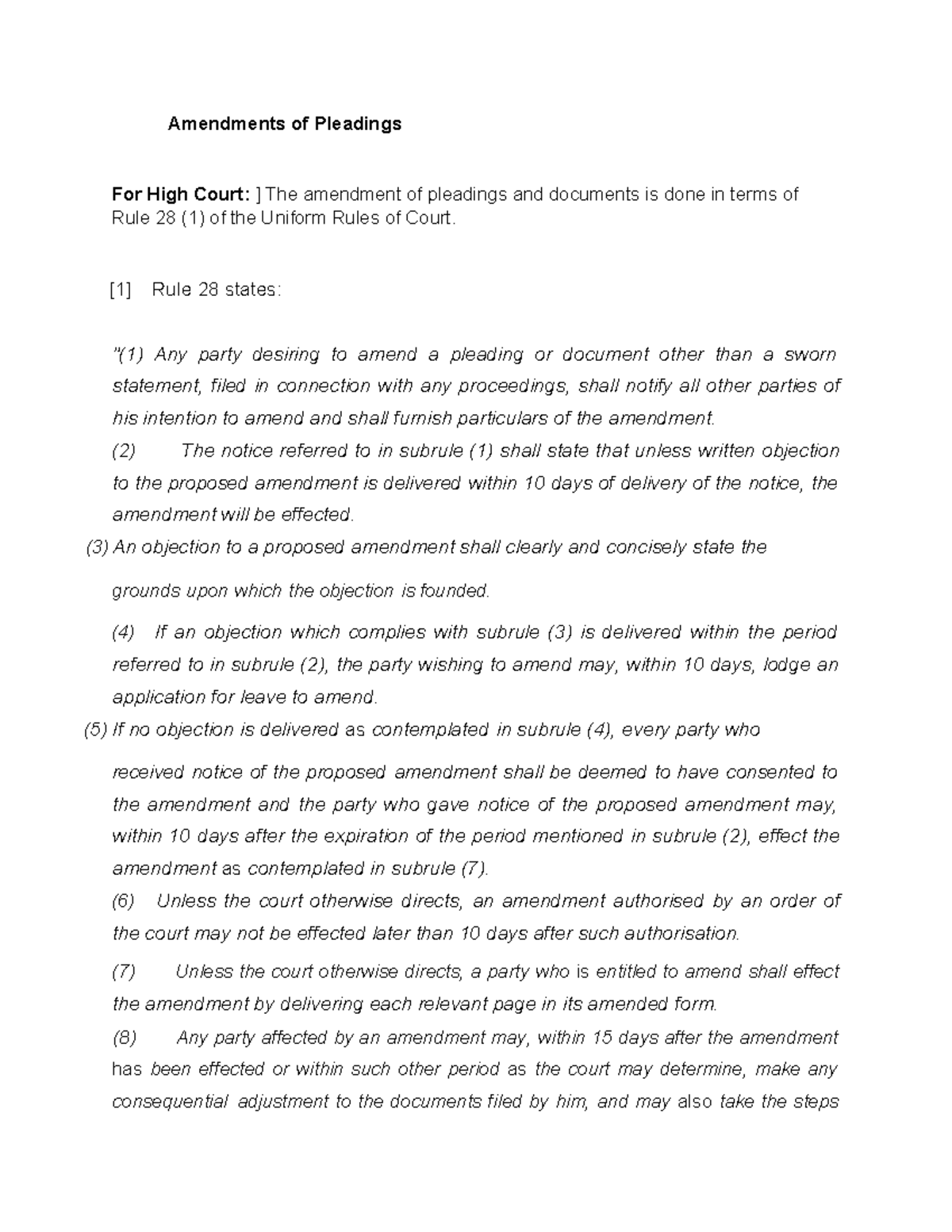 High Court Rules: Amendments of Pleadings Explained - Studocu